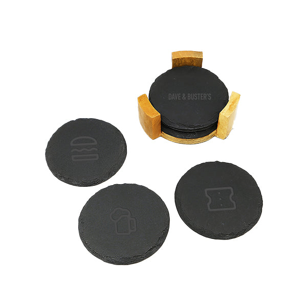 4 Piece Coaster Set with Wood Stand – Dave & Buster's Merch